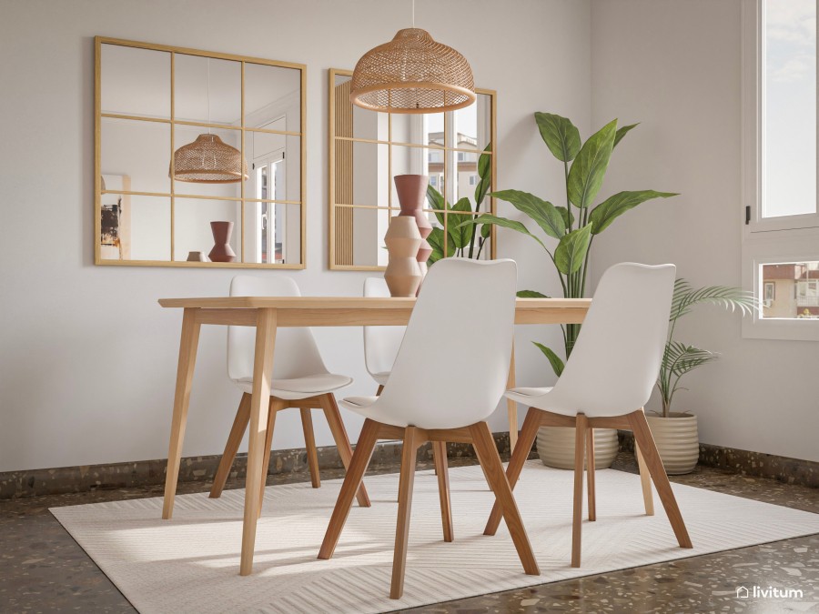Salón nórdico, cálido en madera y colores claros - Livitum.com