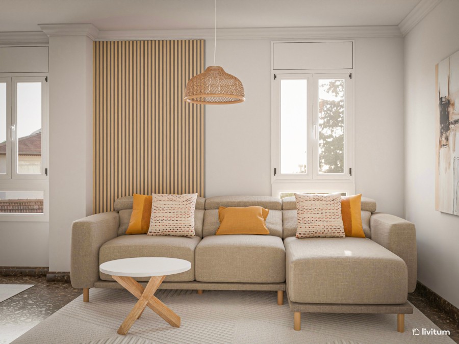 Salón nórdico, cálido en madera y colores claros - Livitum.com