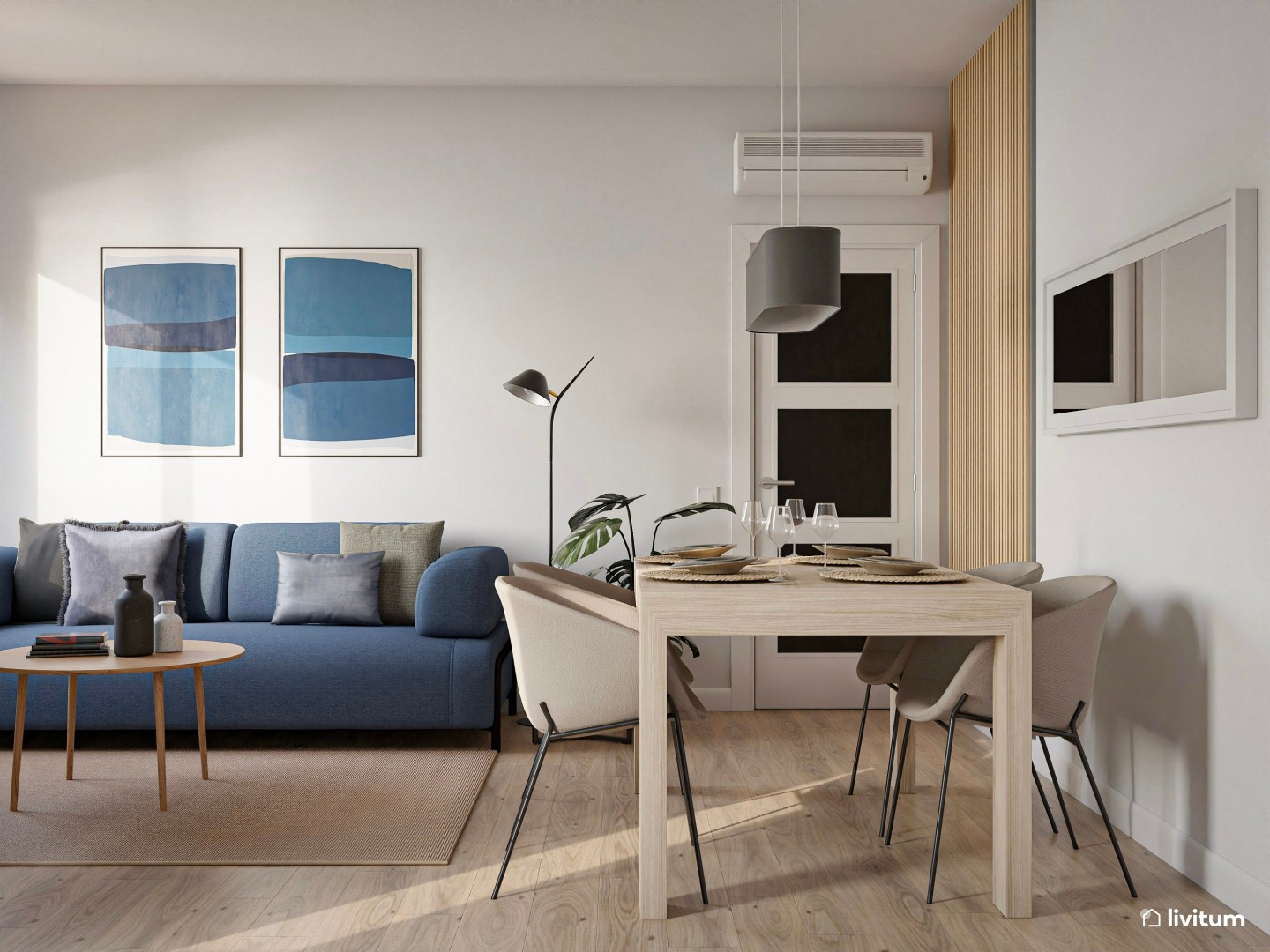 Salón pequeño, moderno y muy práctico con tonos azulados - Livitum.com