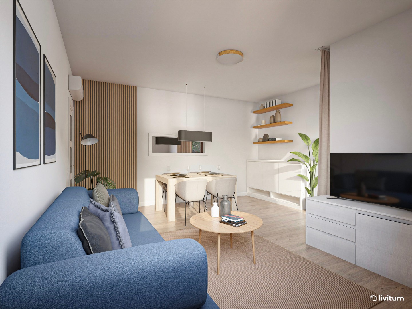 Salón pequeño, moderno y muy práctico con tonos azulados - Livitum.com