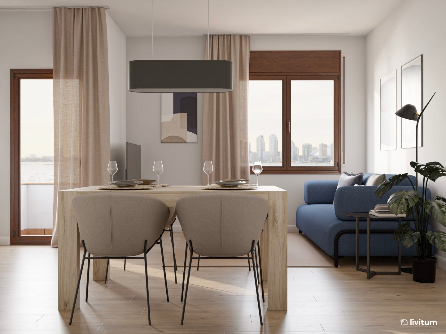 Salón pequeño, moderno y muy práctico con tonos azulados - Livitum.com