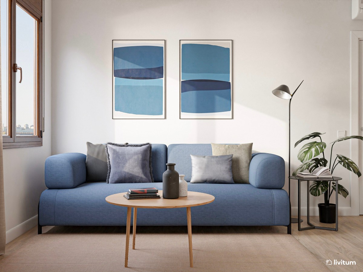 Salón pequeño, moderno y muy práctico con tonos azulados - Livitum.com