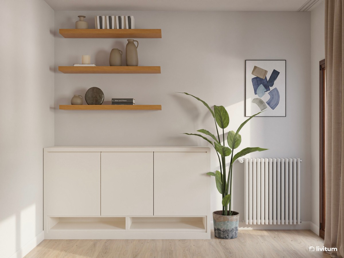 Salón pequeño, moderno y muy práctico con tonos azulados - Livitum.com
